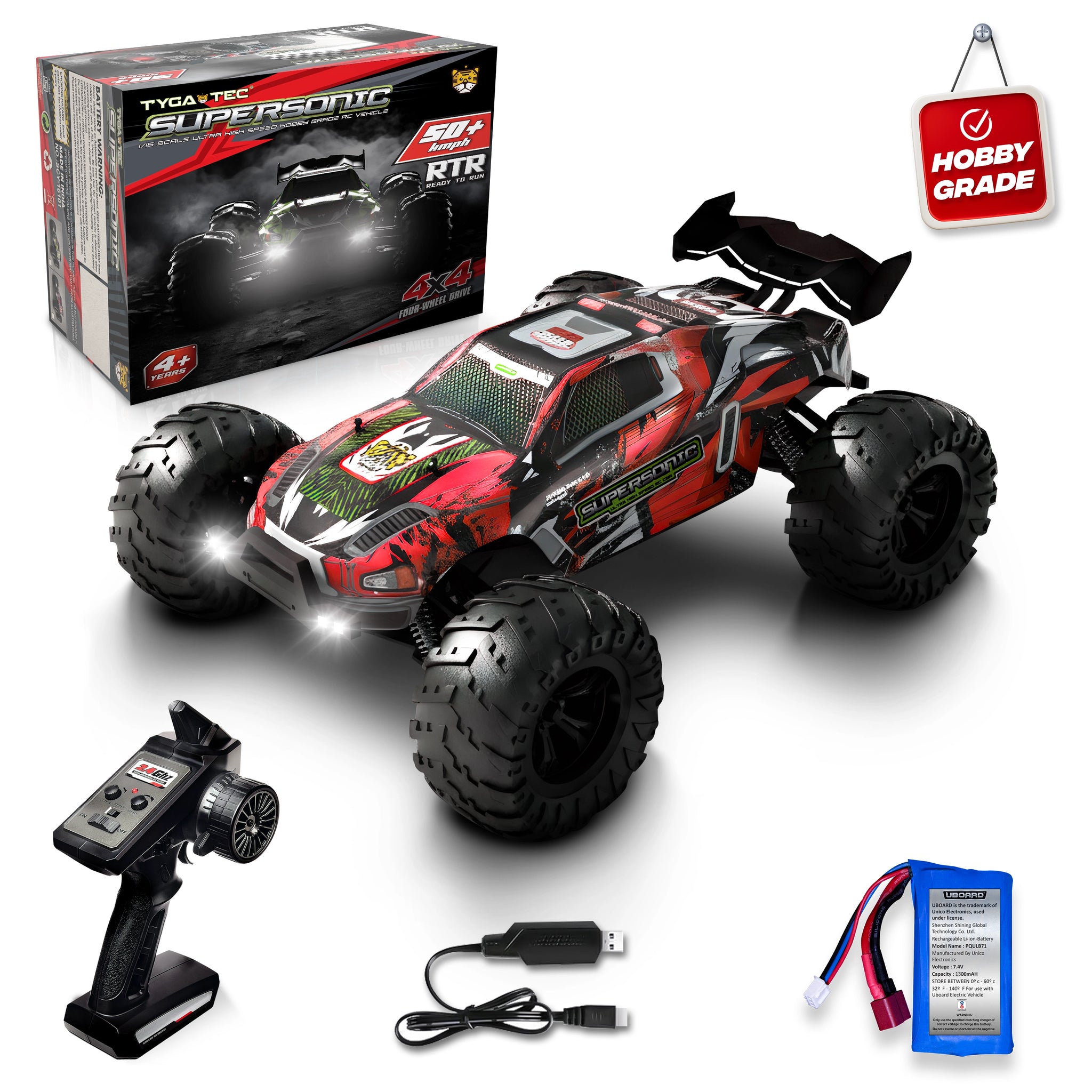 Tygatec Supersonic RC Car – High-Speed 4WD Stunt Car (Red)